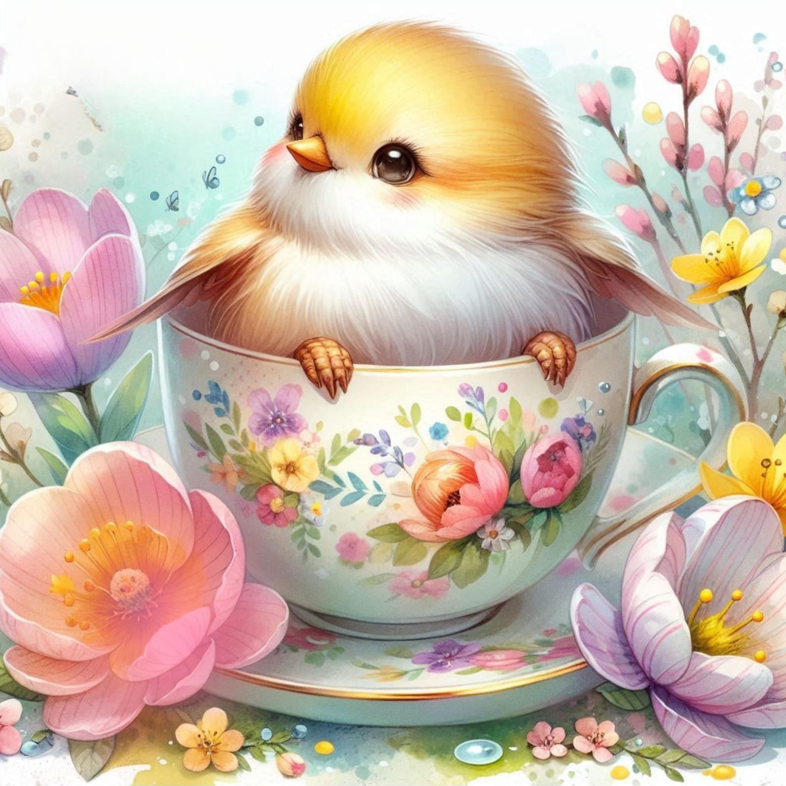 20 Adorable Bird in Teacup With Flowers, Perfect for Nursery or Kid's ...