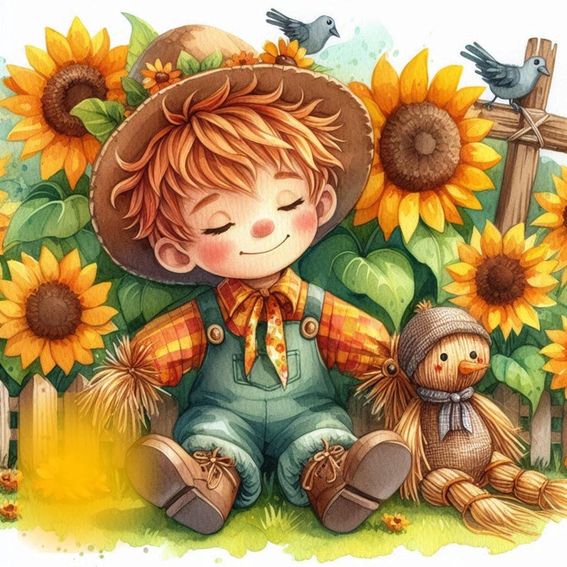 Adorable Little Scarecrows, Sunflowers, Perfect for Nursery or Kid's ...
