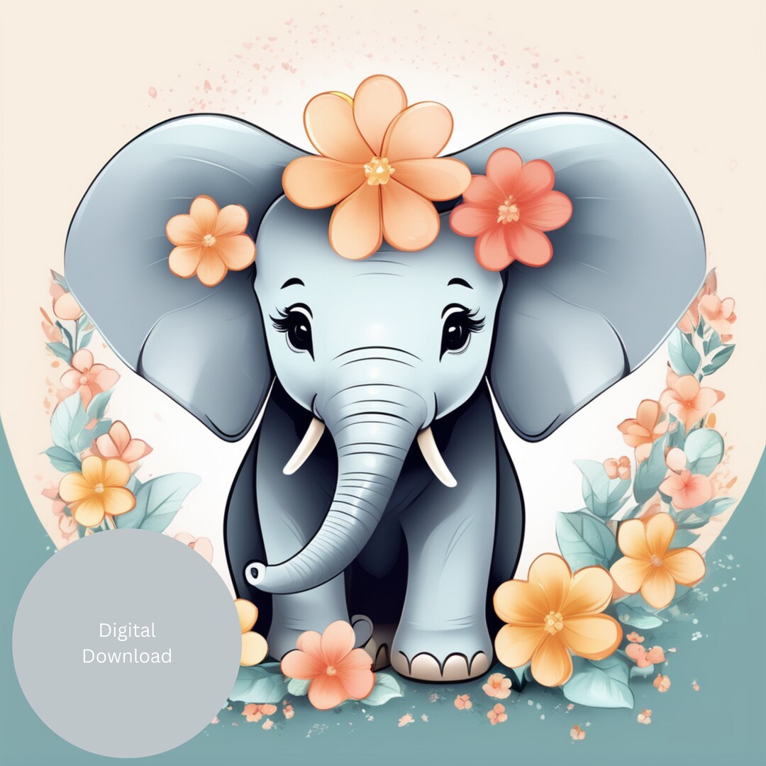 Cute Elephant Clipart With Flowers, Use for Nursery or Kid's Room ...