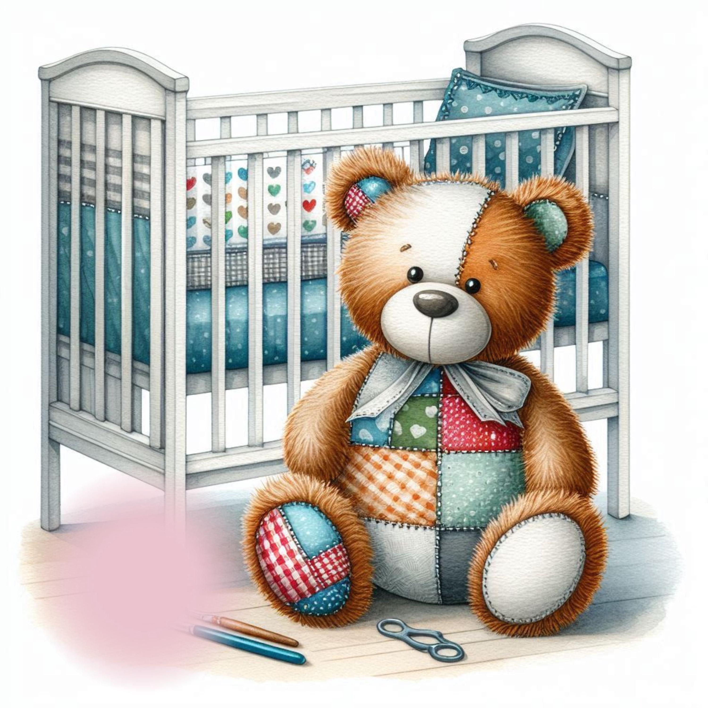Adorable Patchwork Teddy Bears, Use for Cards, Nursery Wall Art ...