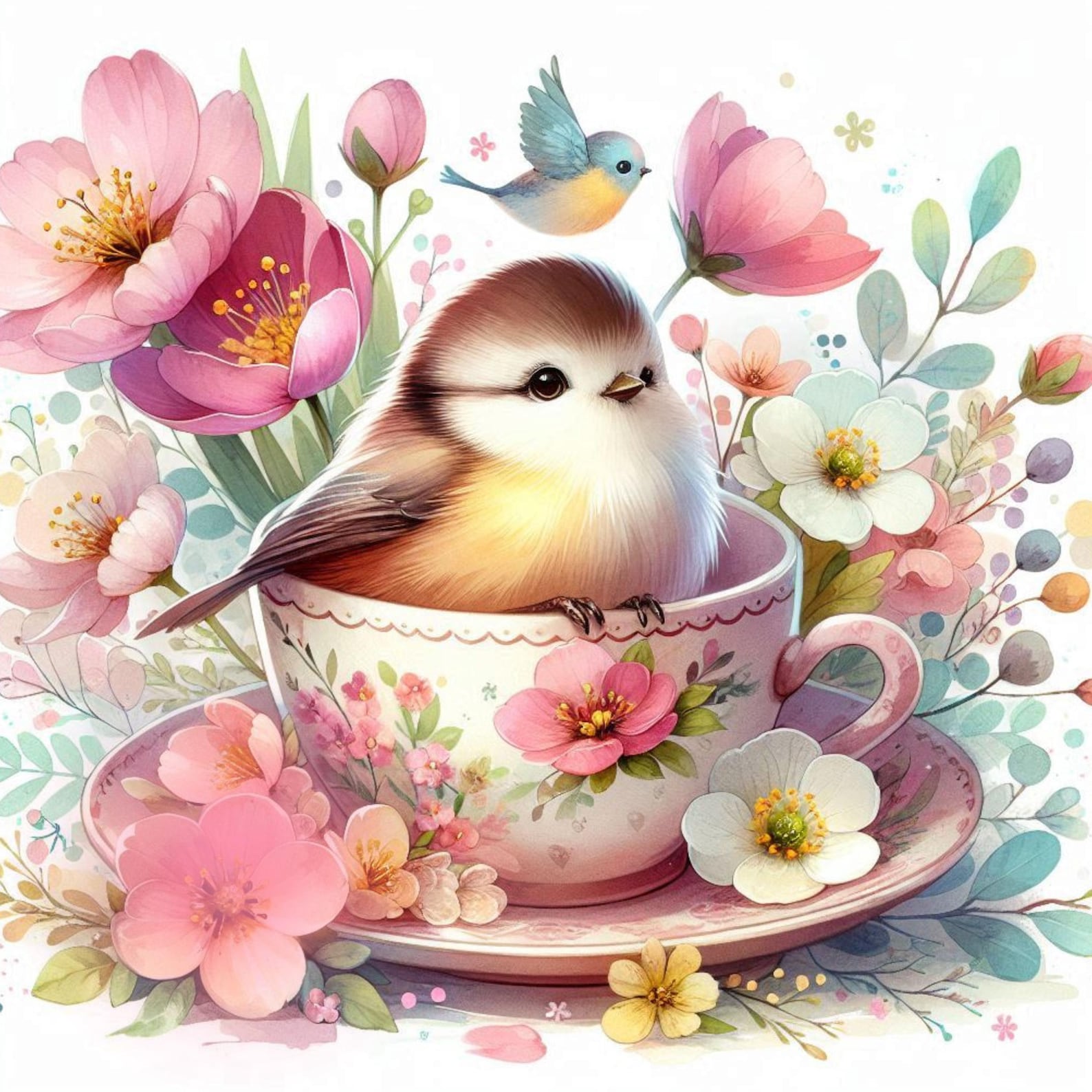 20 Adorable Bird in Teacup With Flowers, Perfect for Nursery or Kid's ...