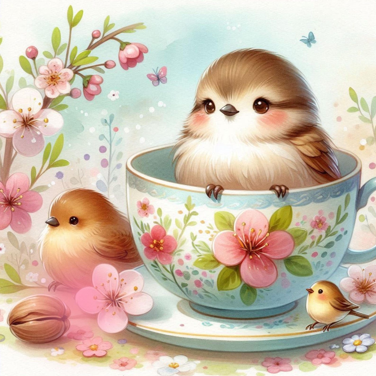 20 Adorable Bird in Teacup With Flowers, Perfect for Nursery or Kid's ...