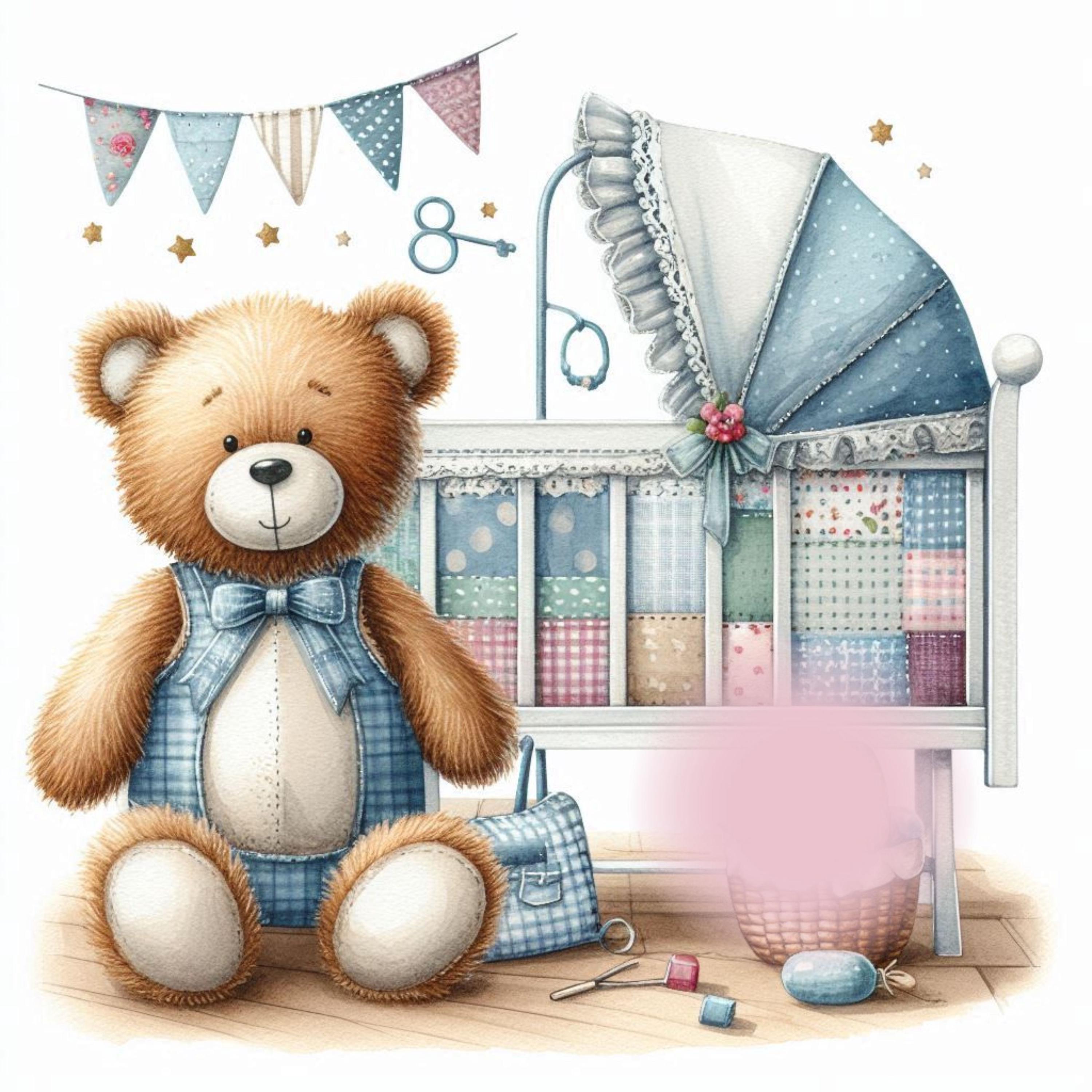 Adorable Patchwork Teddy Bears, Use for Cards, Nursery Wall Art ...