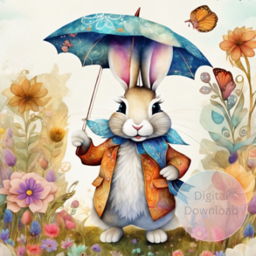 Autumn Bunny, Cute Bunny With Umbrella and Autumn Flowers, Printable ...