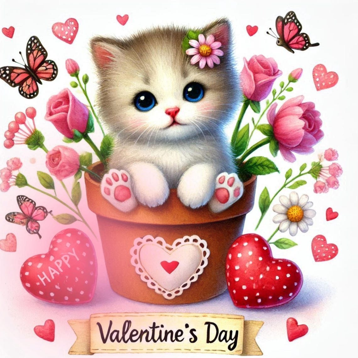 Cute Kittens in Flower Pots, Use for Cards, Wall Art, Apparel, Scrapbooks, Canvases, Tiles and ...