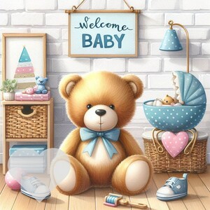 Adorable Teddy Bear, Welcome Baby Sign, Use for Cards, Wall Art ...