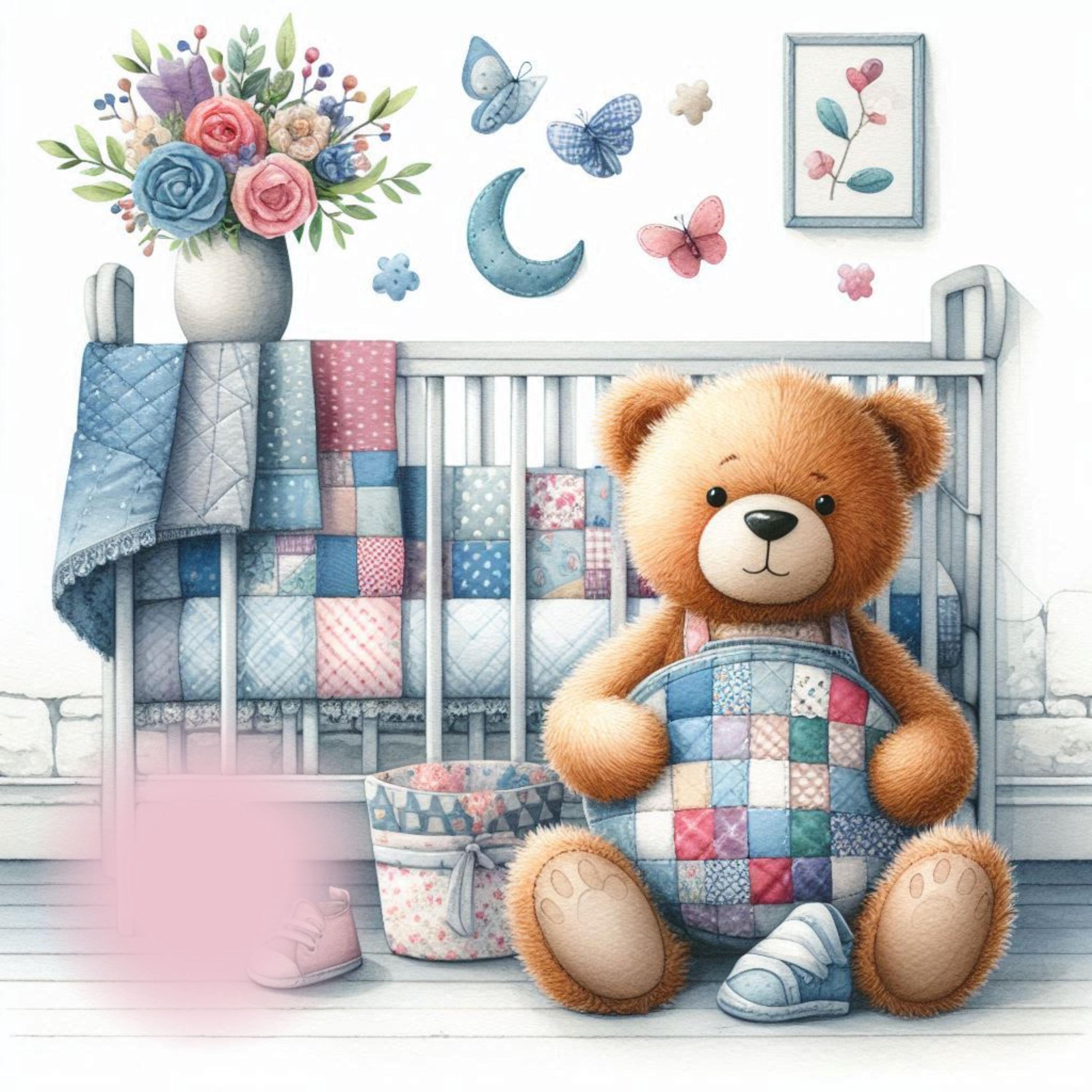 Adorable Patchwork Teddy Bears, Use for Cards, Nursery Wall Art ...