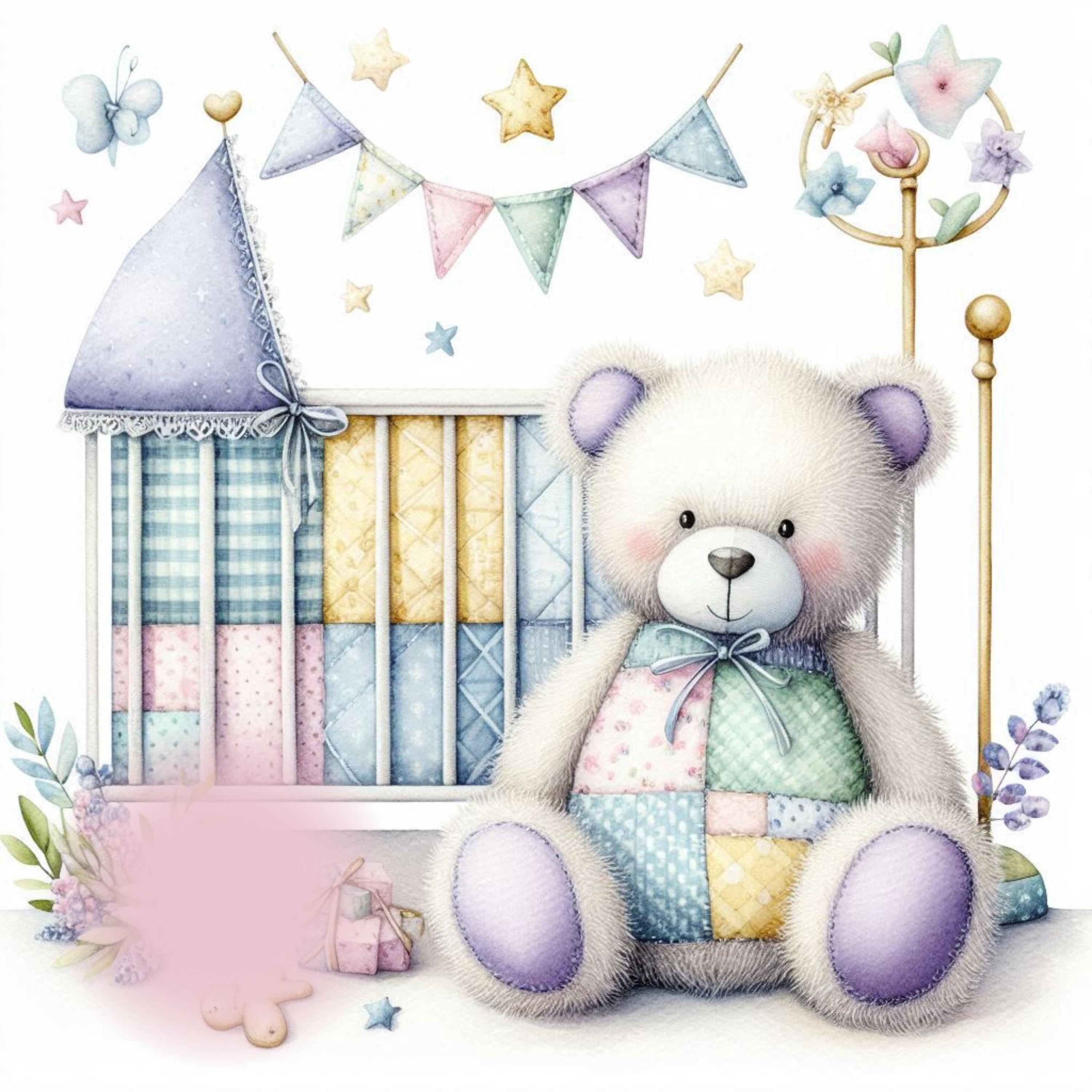 Adorable Patchwork Teddy Bears, Use for Cards, Nursery Wall Art ...
