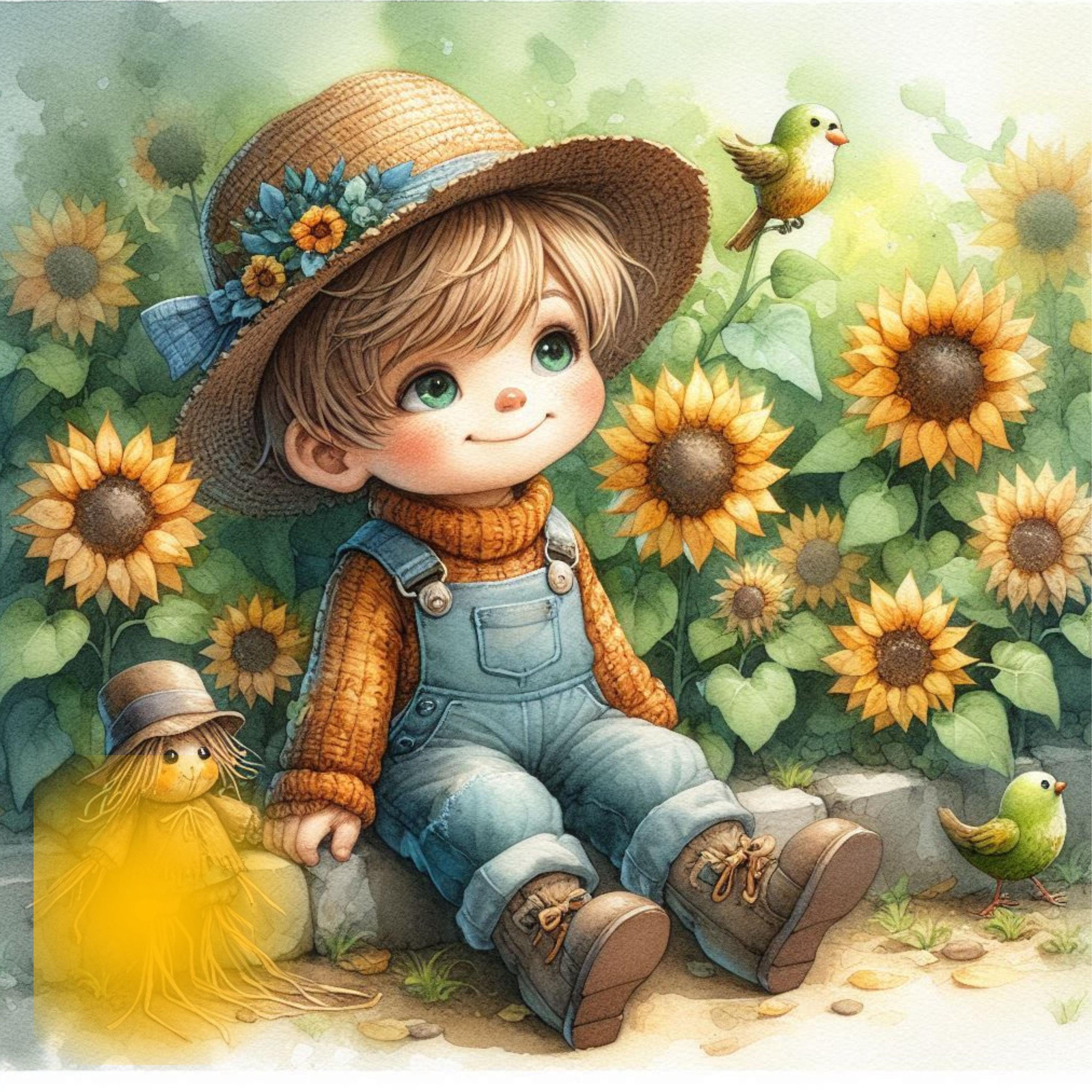 Adorable Little Scarecrows, Sunflowers, Perfect for Nursery or Kid's ...