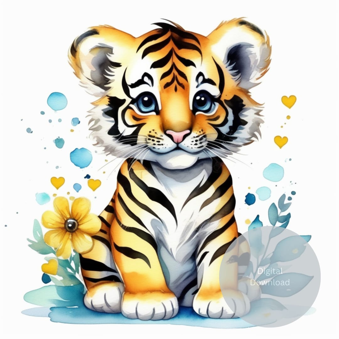 Cute Tiger Cub Clipart With Flowers, Use for Nursery or Kid's Room ...