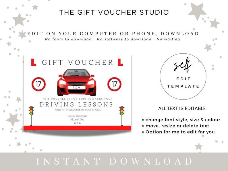 Editable Driving Lesson Gift Voucher | Printable Gift Certificate ...