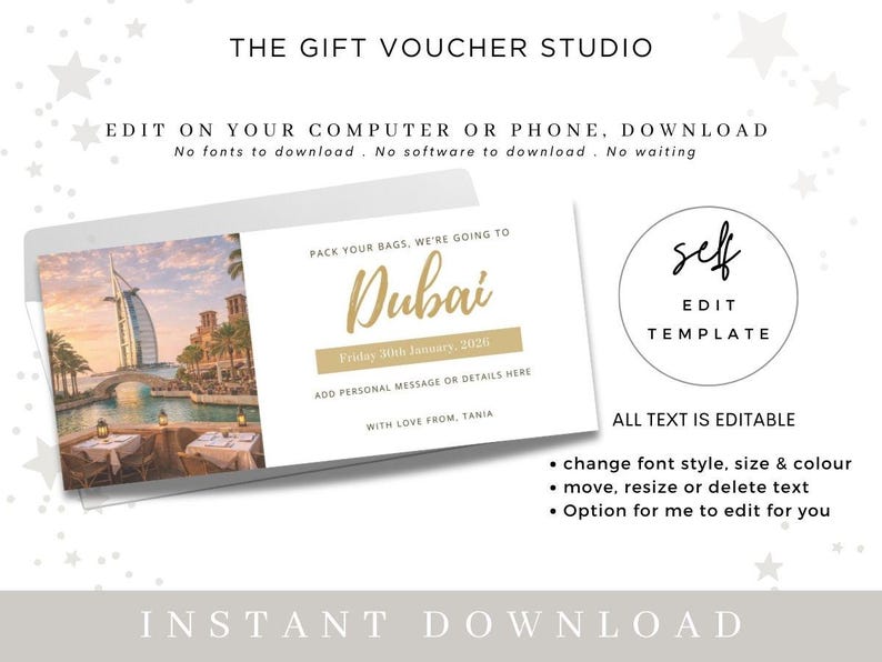 Dubai Gift Voucher | Instant Download | Printable Travel Gift ...