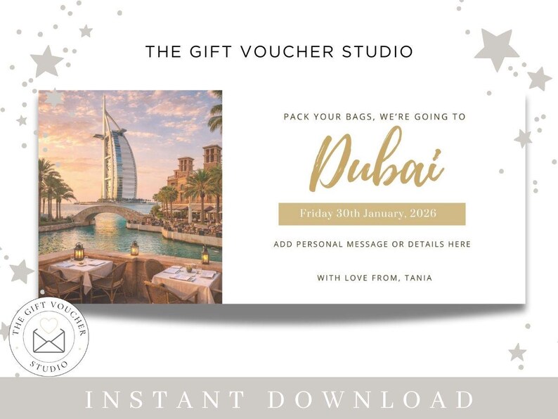 Dubai Gift Voucher | Instant Download | Printable Travel Gift ...