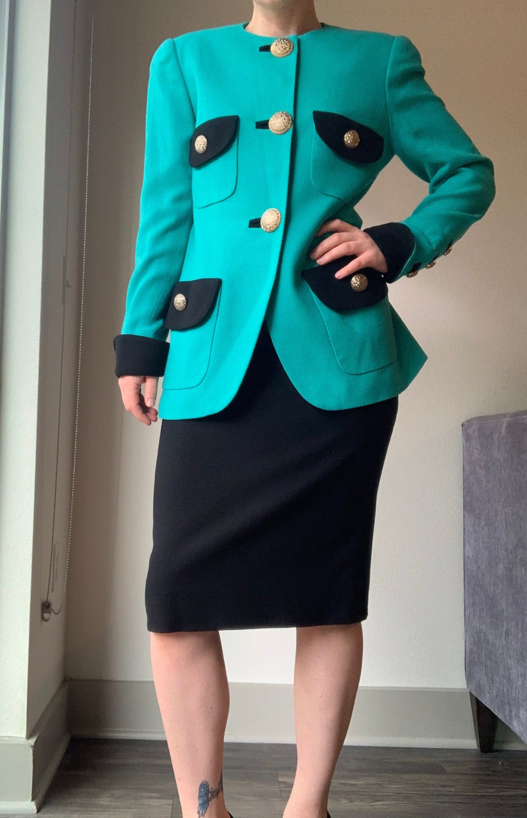 Vintage David Hayes Teal and Black Suit - Etsy