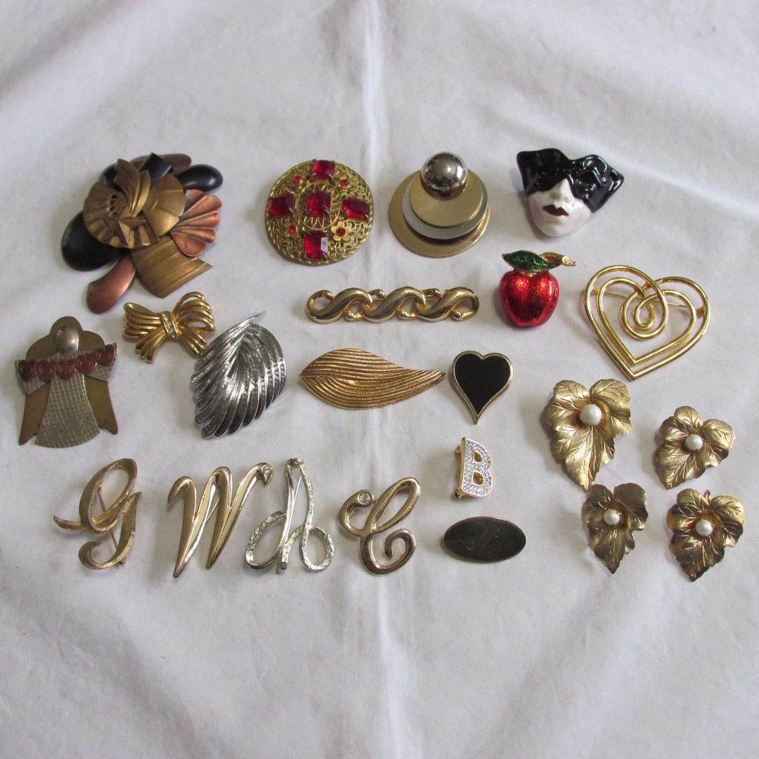 Vintage Lot of Pins, Brooches, Pair of Matching Earrings, Letter Pins ...