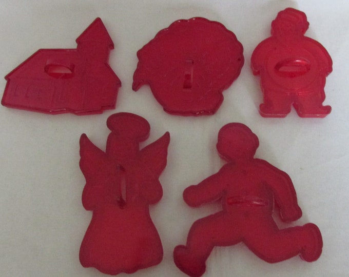 Five Vintage Red Plastic Christmas Cookie Cutters Church, Christmas ...