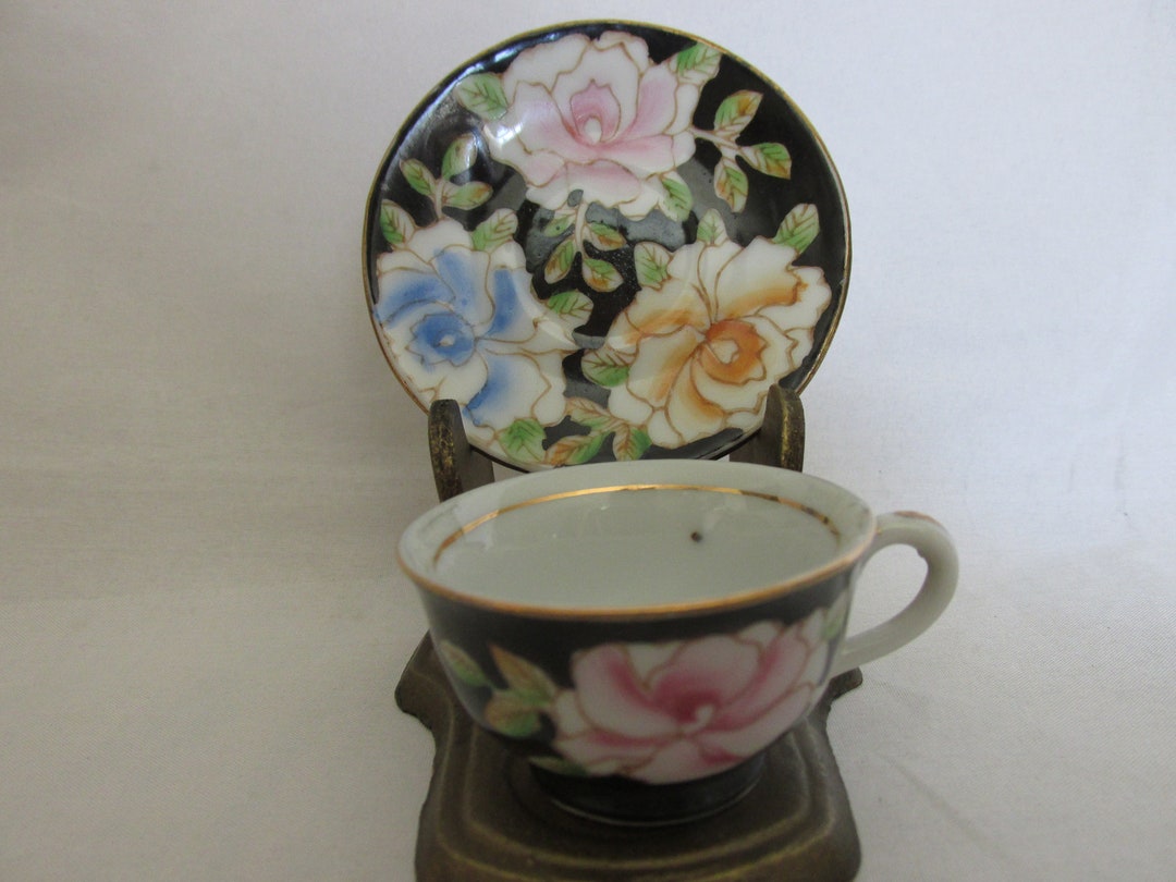 Vintage Miniature Japanese Bone China Cup and Saucer Large Multicolored ...