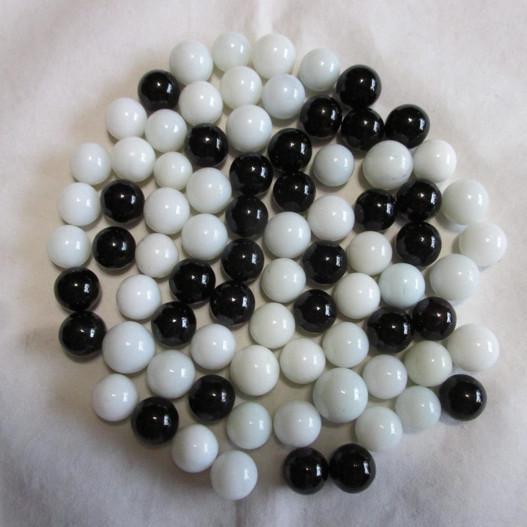 Lot of Solid Color Game Marbles, 50 White, 30 Black, Most Are 5/8