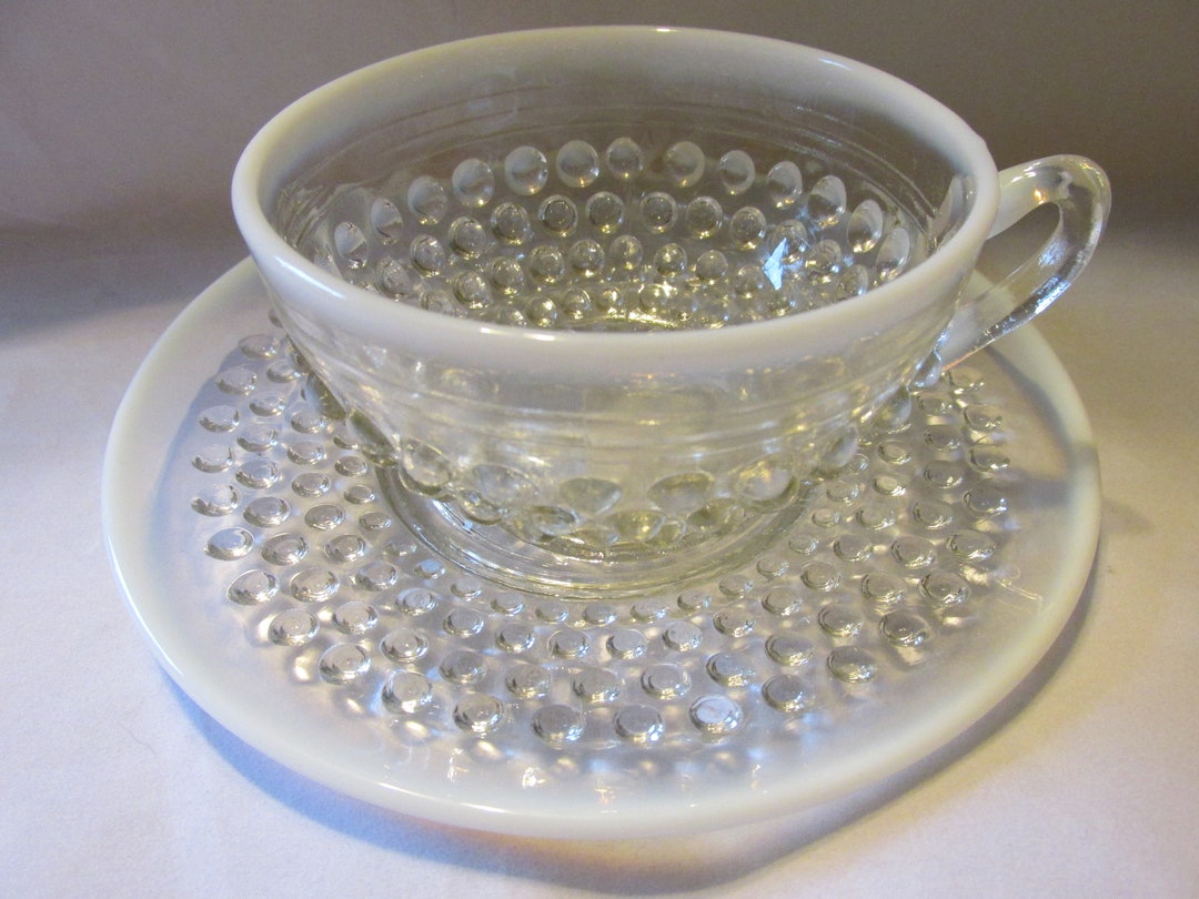 Vintage Moonstone Opalescent Hobnail Cup & Saucer - Anchor Hocking ...