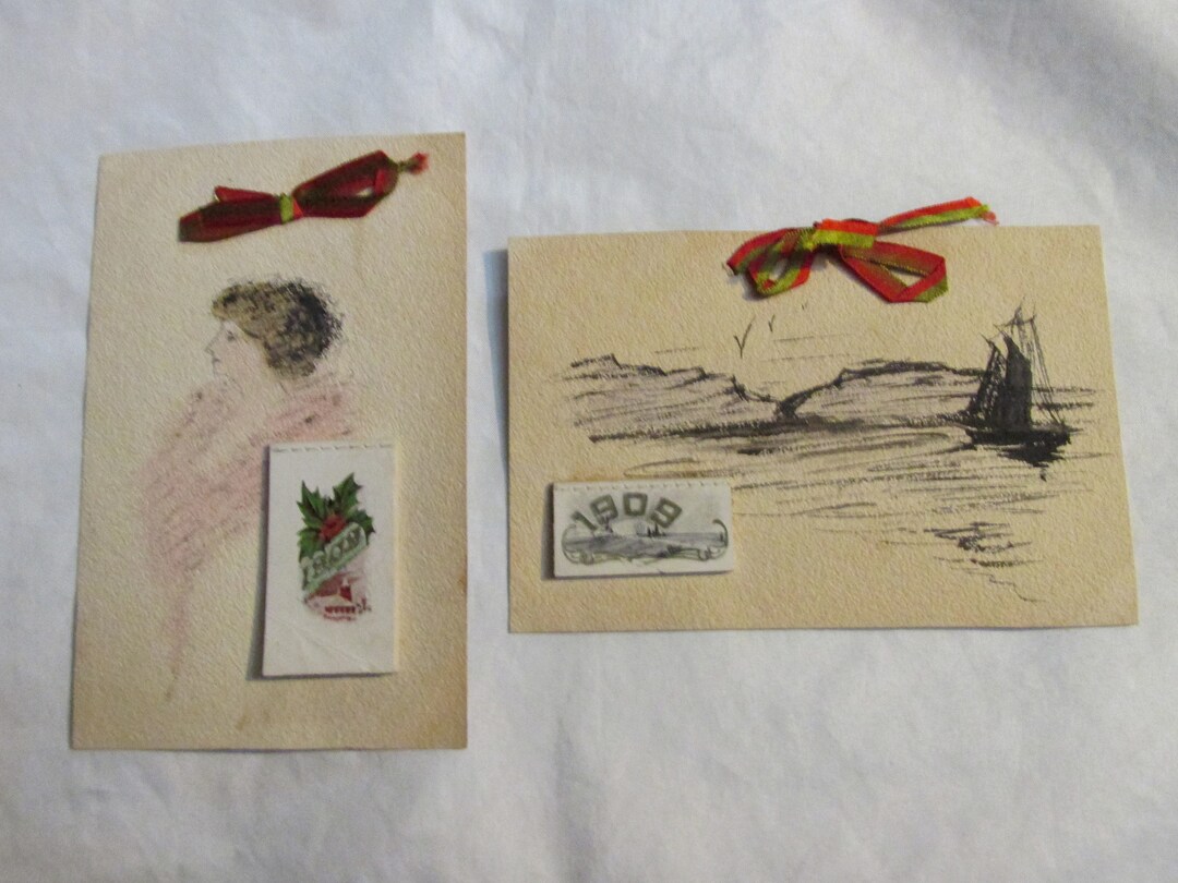 Antique Pen & Colored Ink Art Postcards (2) With Attached Ribbons for ...
