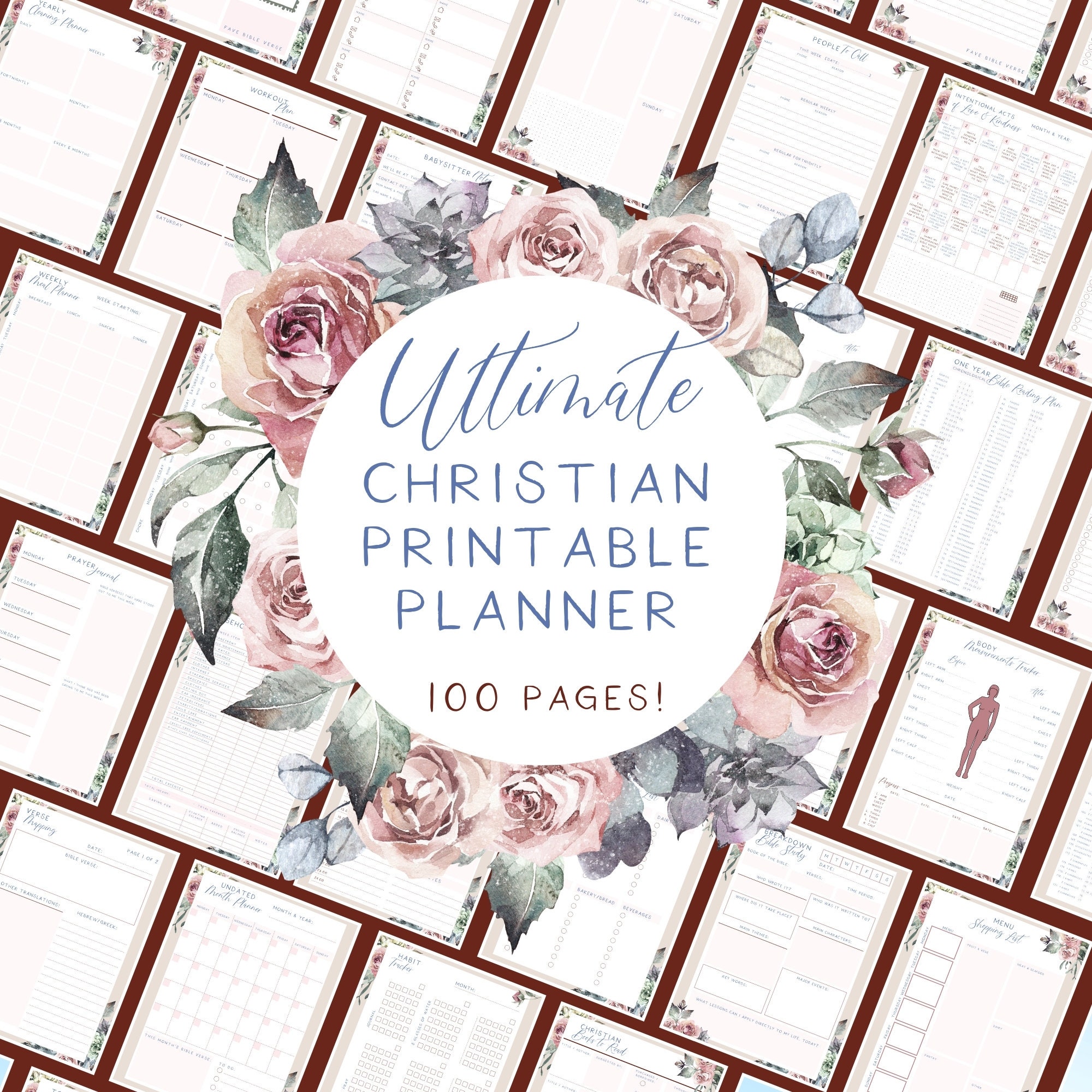 Ultimate Christian Printable Planner | Pink Rose Watercolour Flowers ...