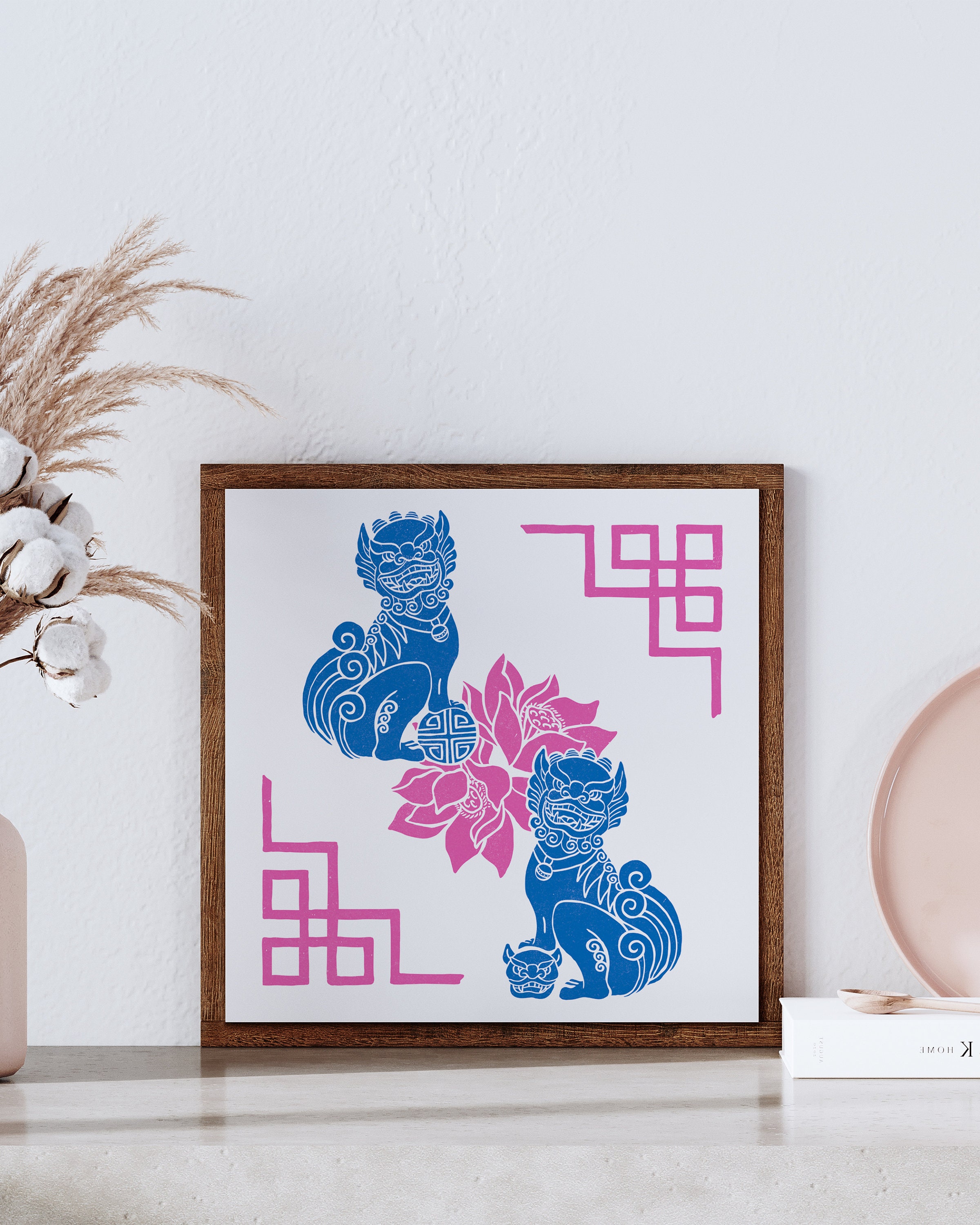 Digital Printable Poster | Foo Dogs | Fu Dogs | Lotus Flower | Yin ...
