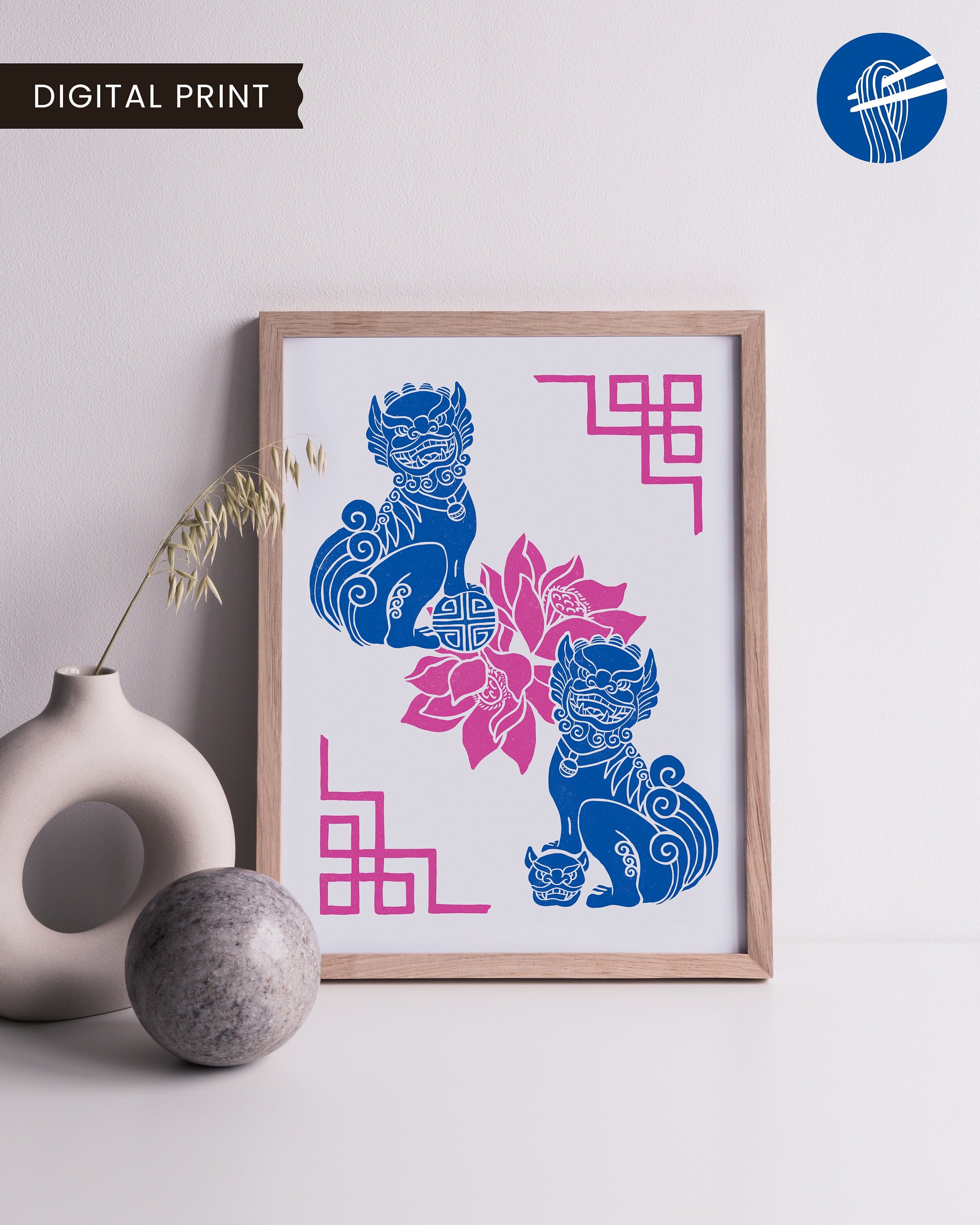 Digital Printable Poster | Foo Dogs | Fu Dogs | Lotus Flower | Yin ...