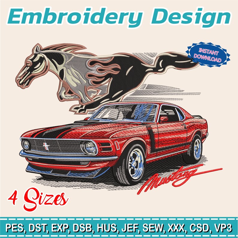 Embroidery Design / Mustang GT / Chevrolet / 4 Different Sizes - Etsy