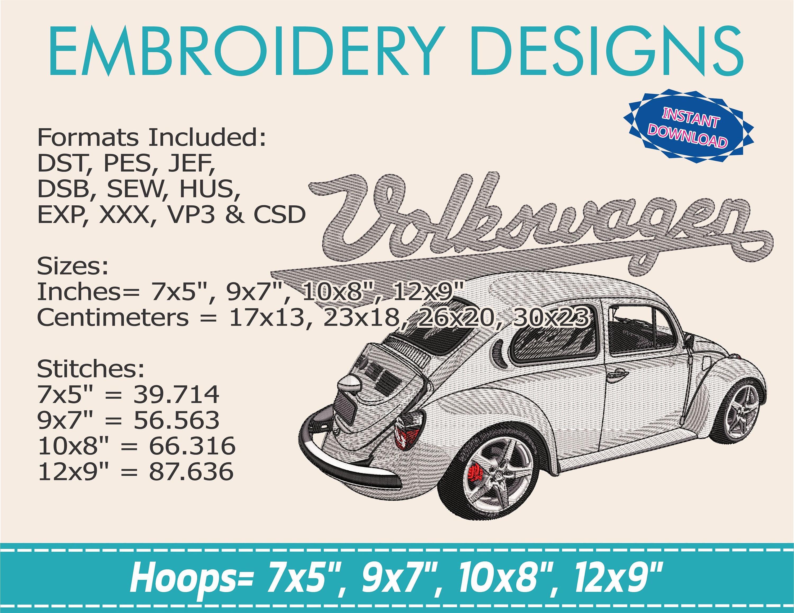 Embroidery Design / Volkswagen / Volkswagen Beetle / 4 Different Sizes ...