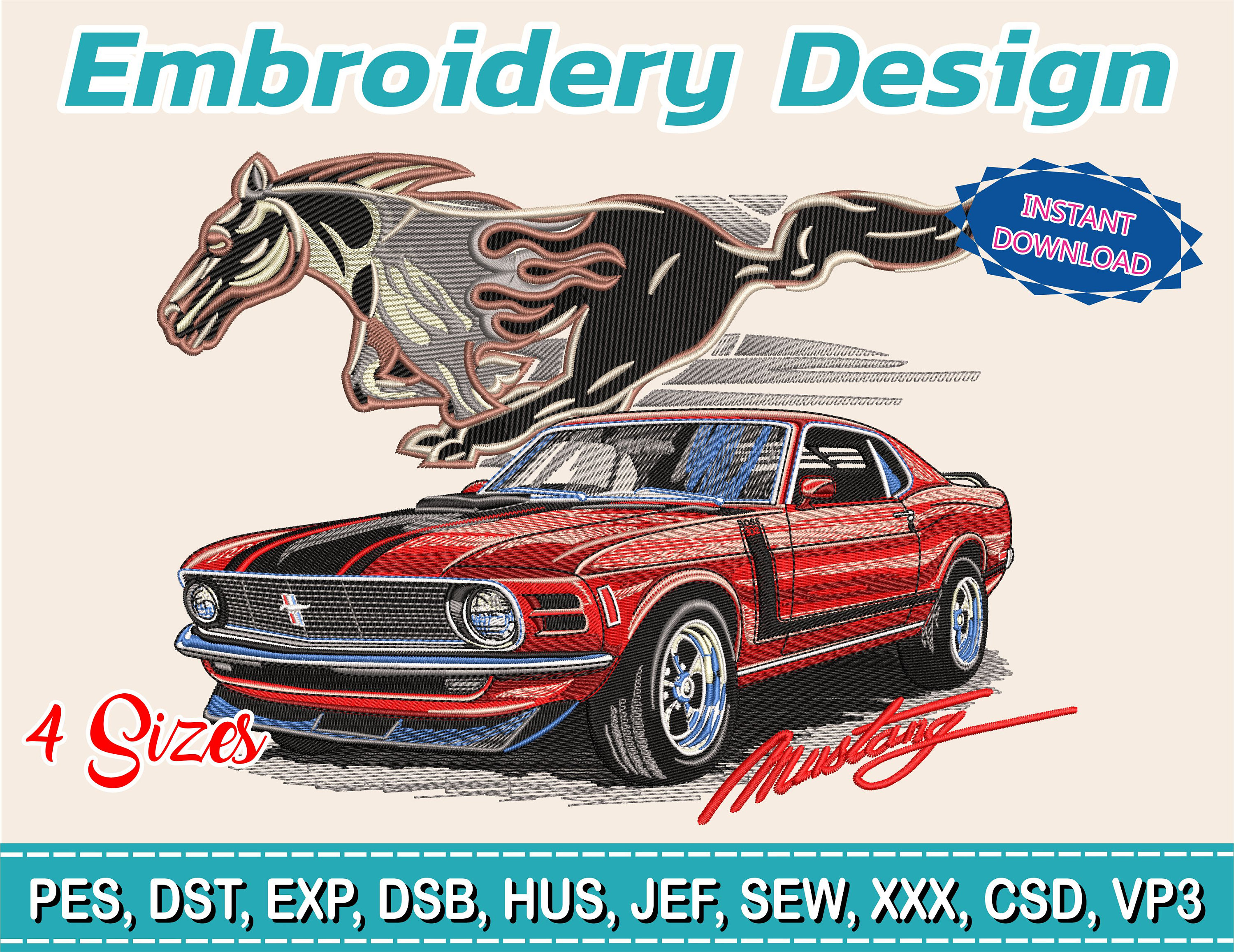 Embroidery Design / Mustang GT / Chevrolet / 4 Different Sizes - Etsy