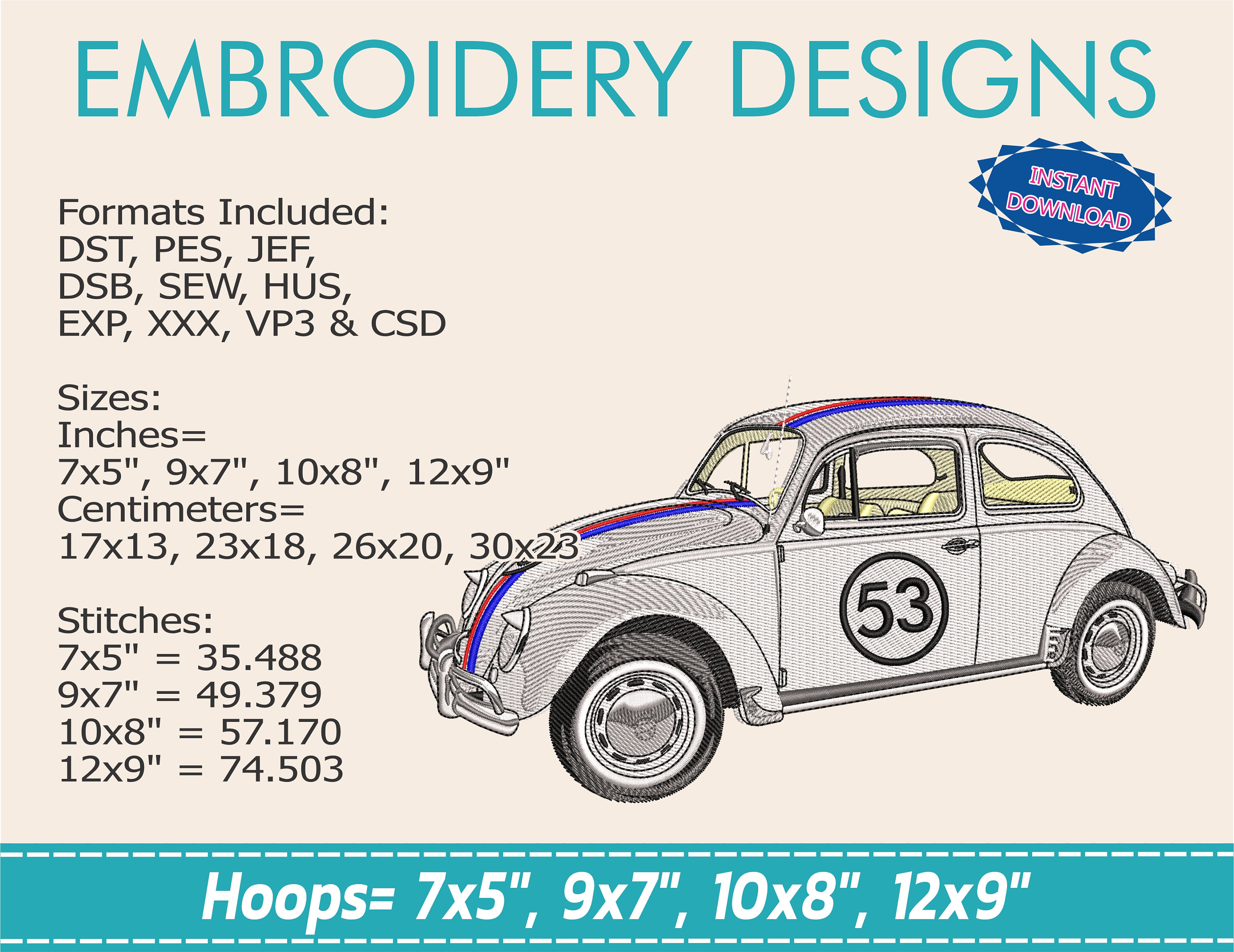 Embroidery Design / Volkswagen / Volkswagen Beetle / 4 - Etsy