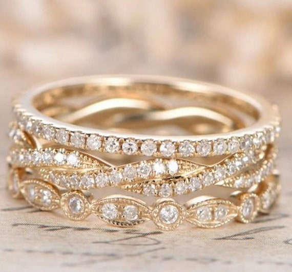 Trio Ring Set Full Eternity Band 14K Yellow Gold Plated | Etsy