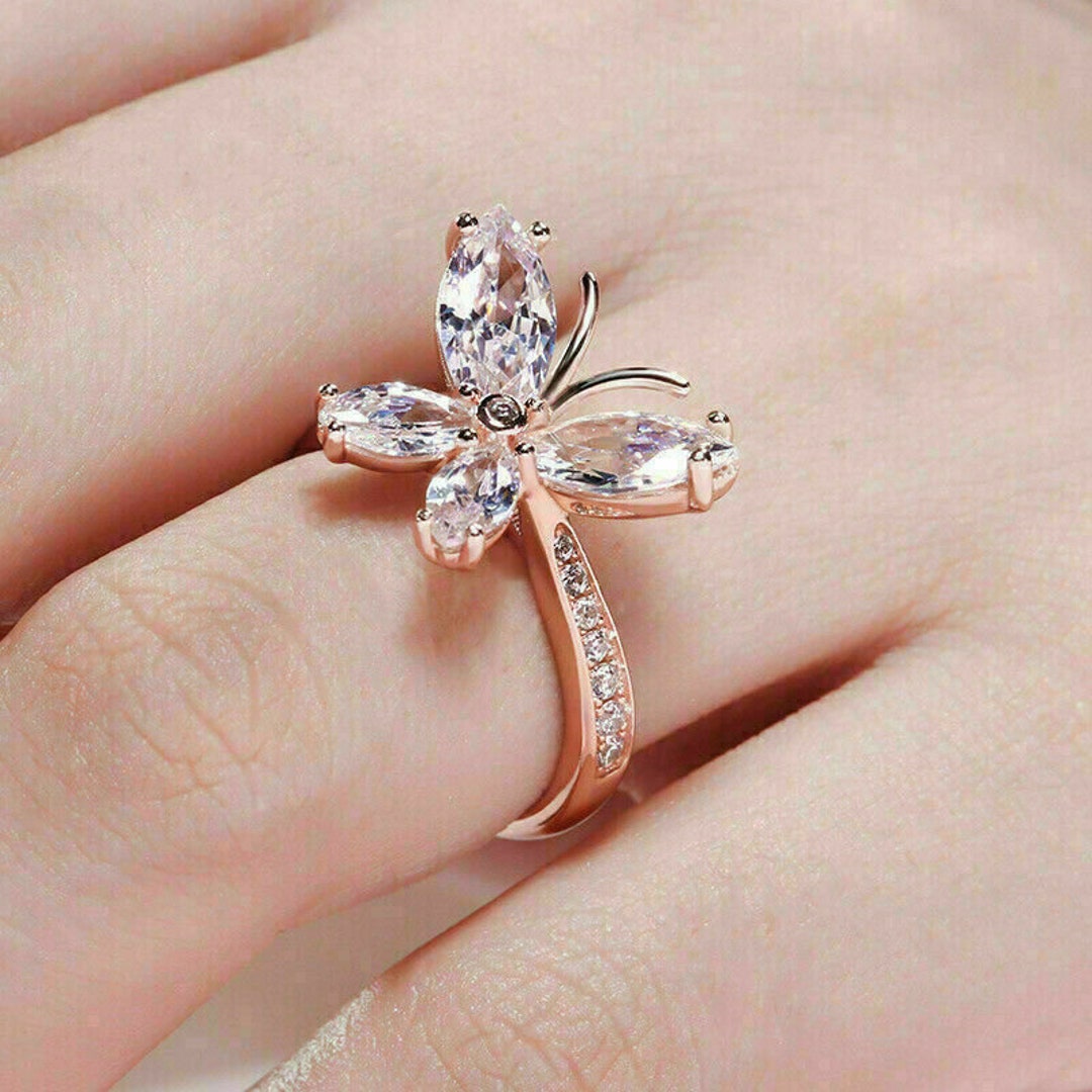 Beautiful Butterfly Engagement Ring 14K Rose Gold Plated 1.5 - Etsy