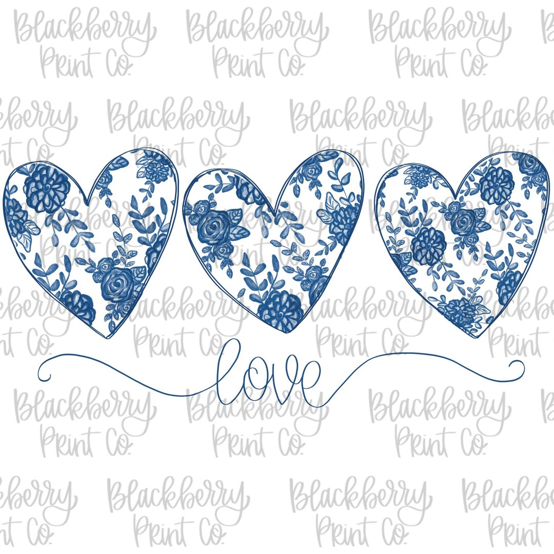 Blue Willow Chinoiserie Heart Trio PNG Digital Download Hand Drawn ...