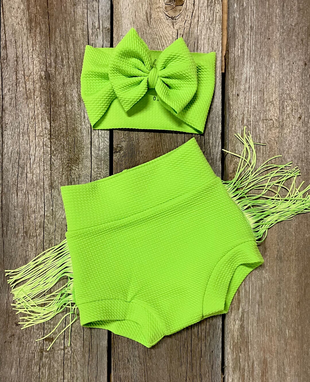 Neon Lime Green Fringe Bummy Shorts and Matching Bow Set / Western ...
