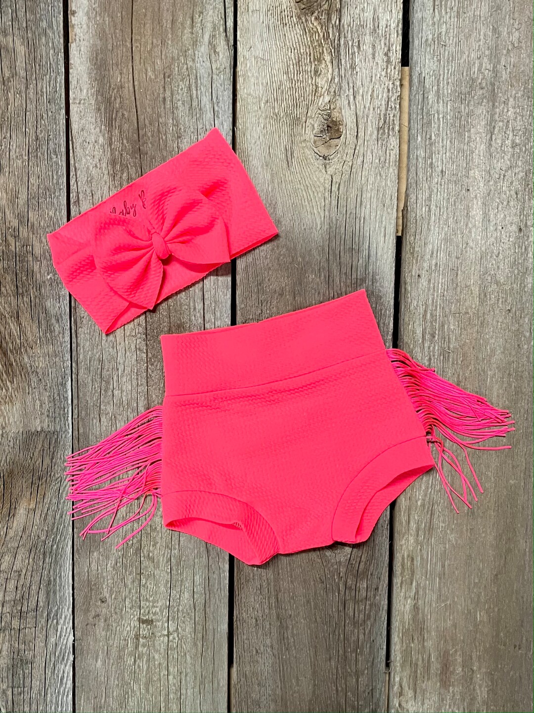 Neon Pink Fringe Bummy Shorts and Matching Bow Set / Western Style ...