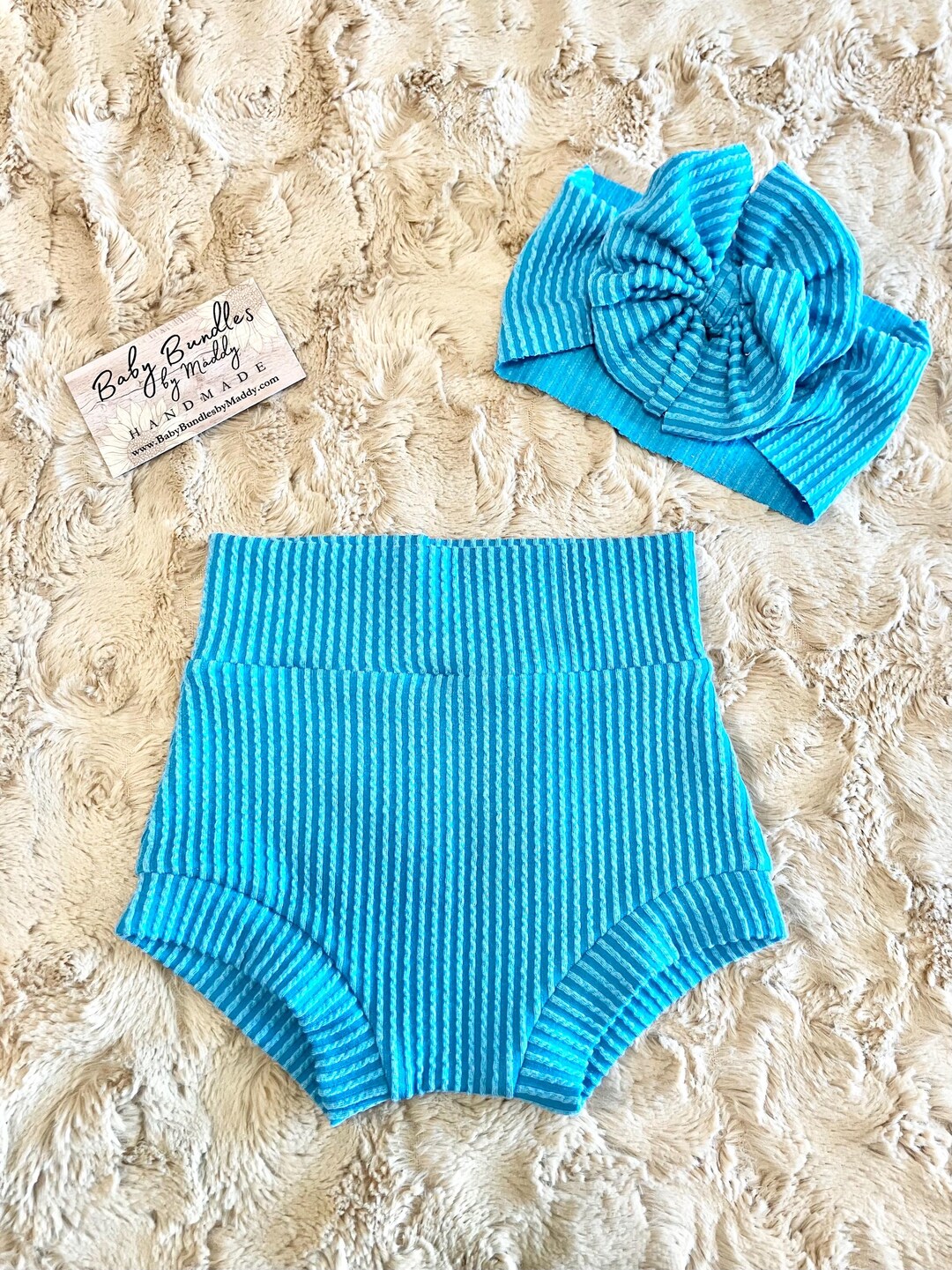 Bright Sky Blue Wavy Rib Bummies and Bow Set / Baby and Toddler Clothing Sets / Spring Summer ...