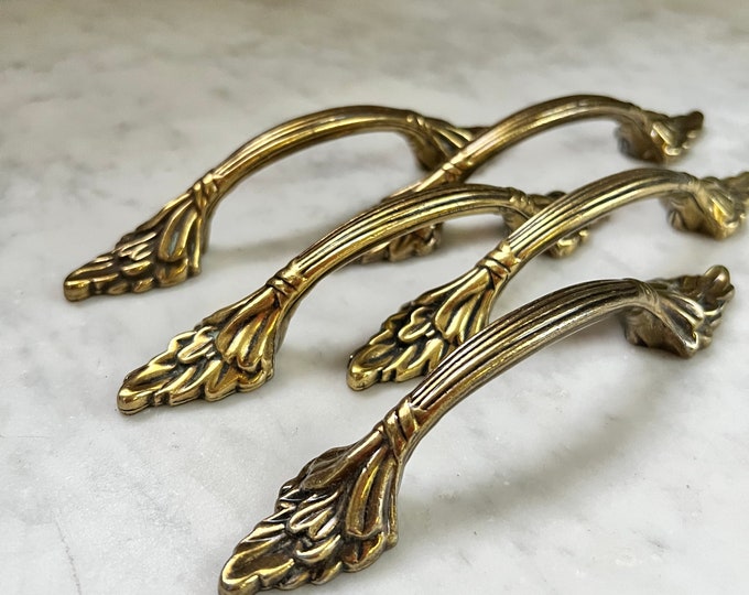 Vintage Gold Brass Leaf Cabinet Door Handles - Etsy