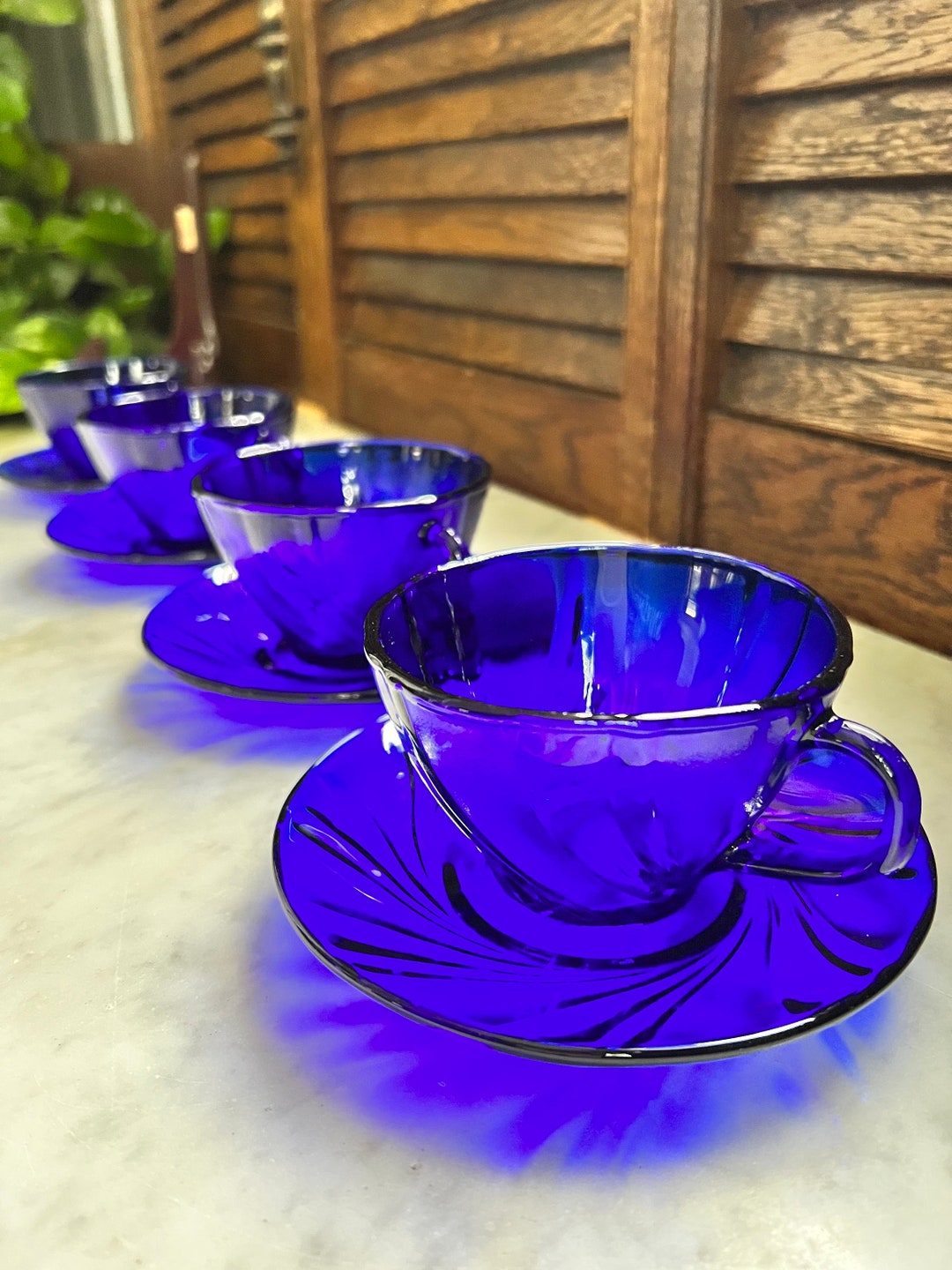 Cobalt Blue Glass Cup and Saucer Set (2) - Etsy