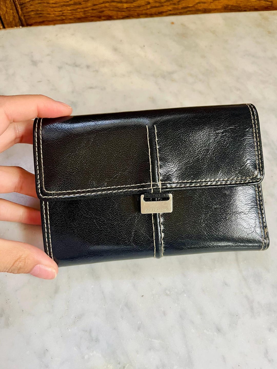 Vintage Liz Claiborne Black Leather Trifold Wallet With White Stitching ...