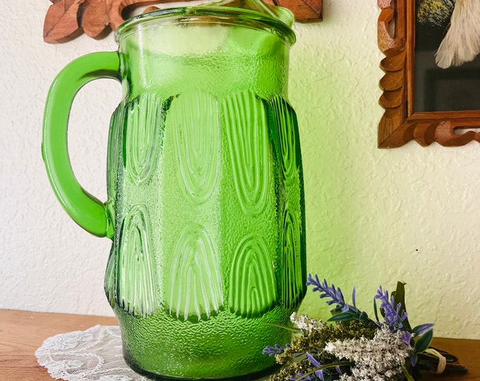Vintage 70s Green Glass Pitcher - Etsy