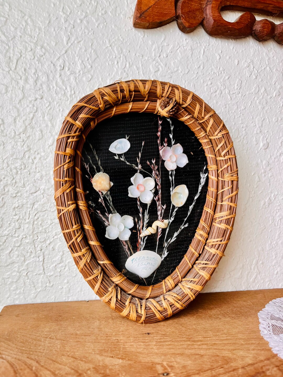 Vintage Seashell Art Oval Rattan Wall Hanging 70s - Etsy