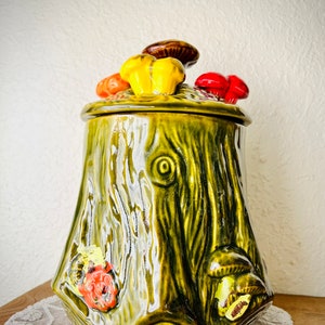 Vintage 70s Green Tree Stump Cookie Jar With Mushroom Lid Retro Kitchen ...