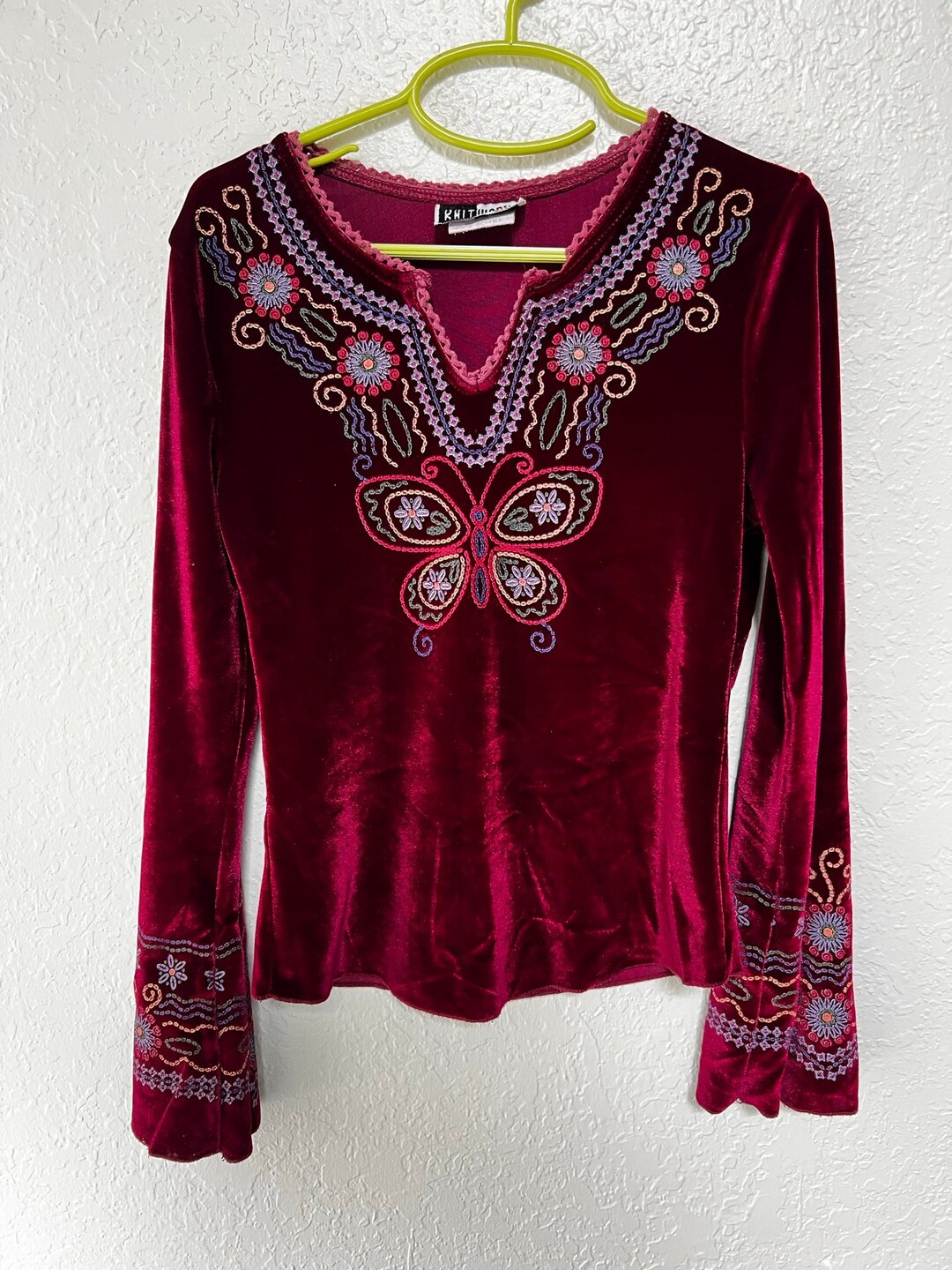 Vintage Girls Red Velvet Bohemian Style Top - Butterfly Embroidery 70s ...