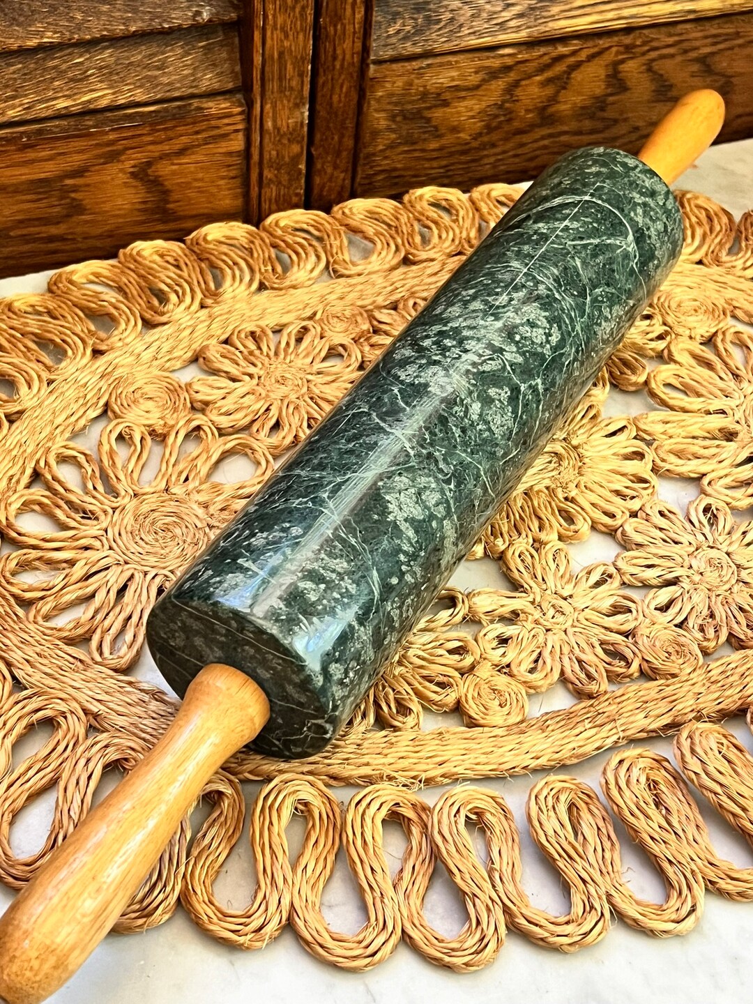 Vintage Green Marble Rolling Pin With Wooden Handles - Etsy