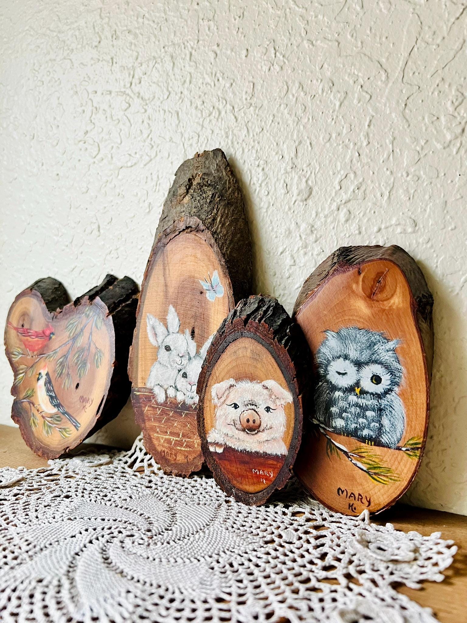 Set of 4 Hand-painted Rustic Wood Slice Animal Plaques – Cottagecore ...