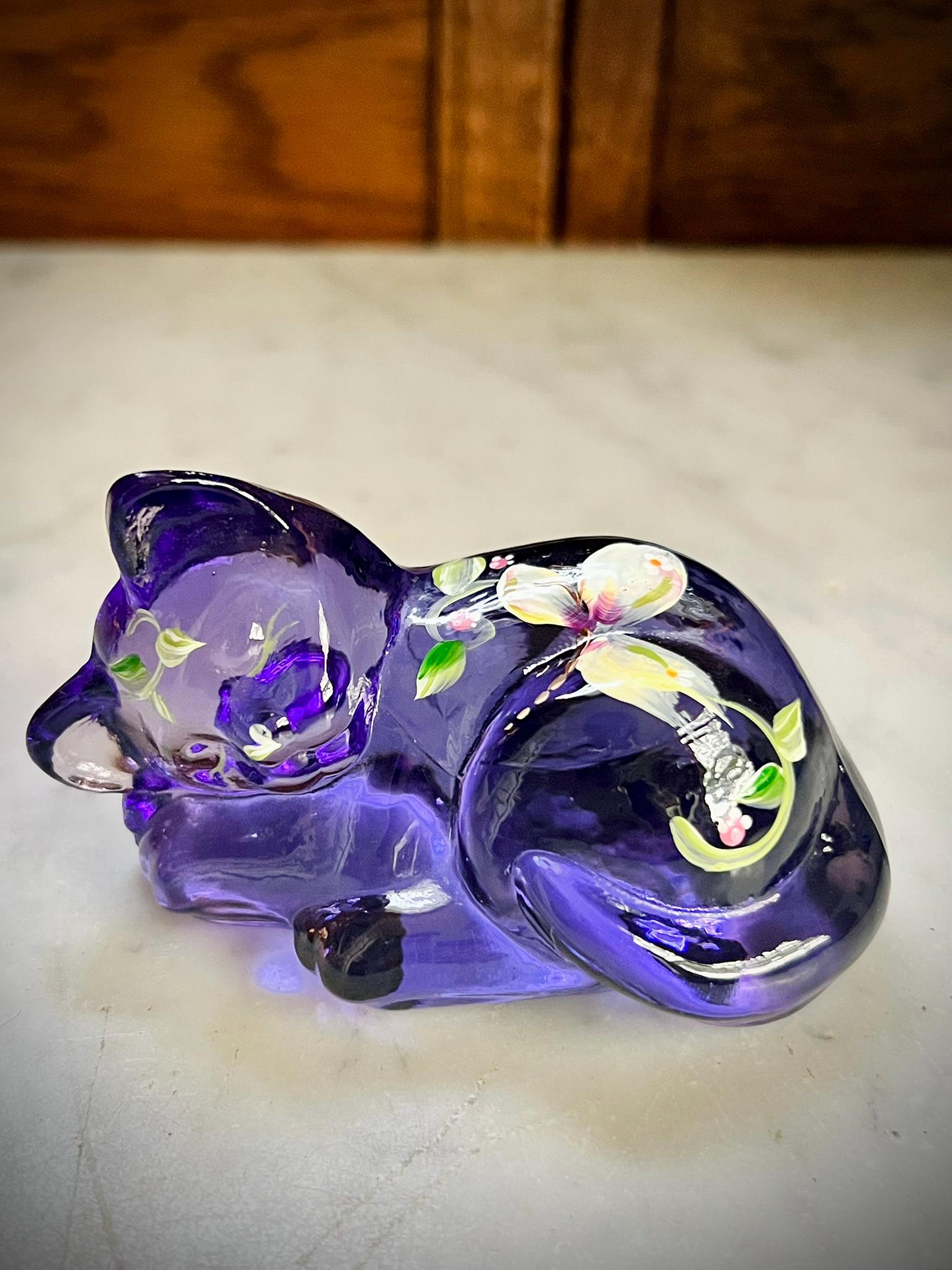 Fenton Amethyst Purple Sleeping Kitten Hand Painted Floral by S ...