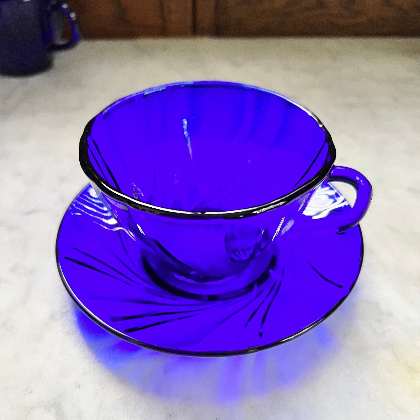 Cobalt Blue Glass Cup and Saucer Set (2) - Etsy
