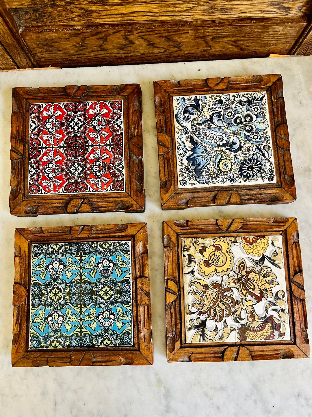 Boho Wooden Ceramic Tile Trivet Set of 4 - Etsy