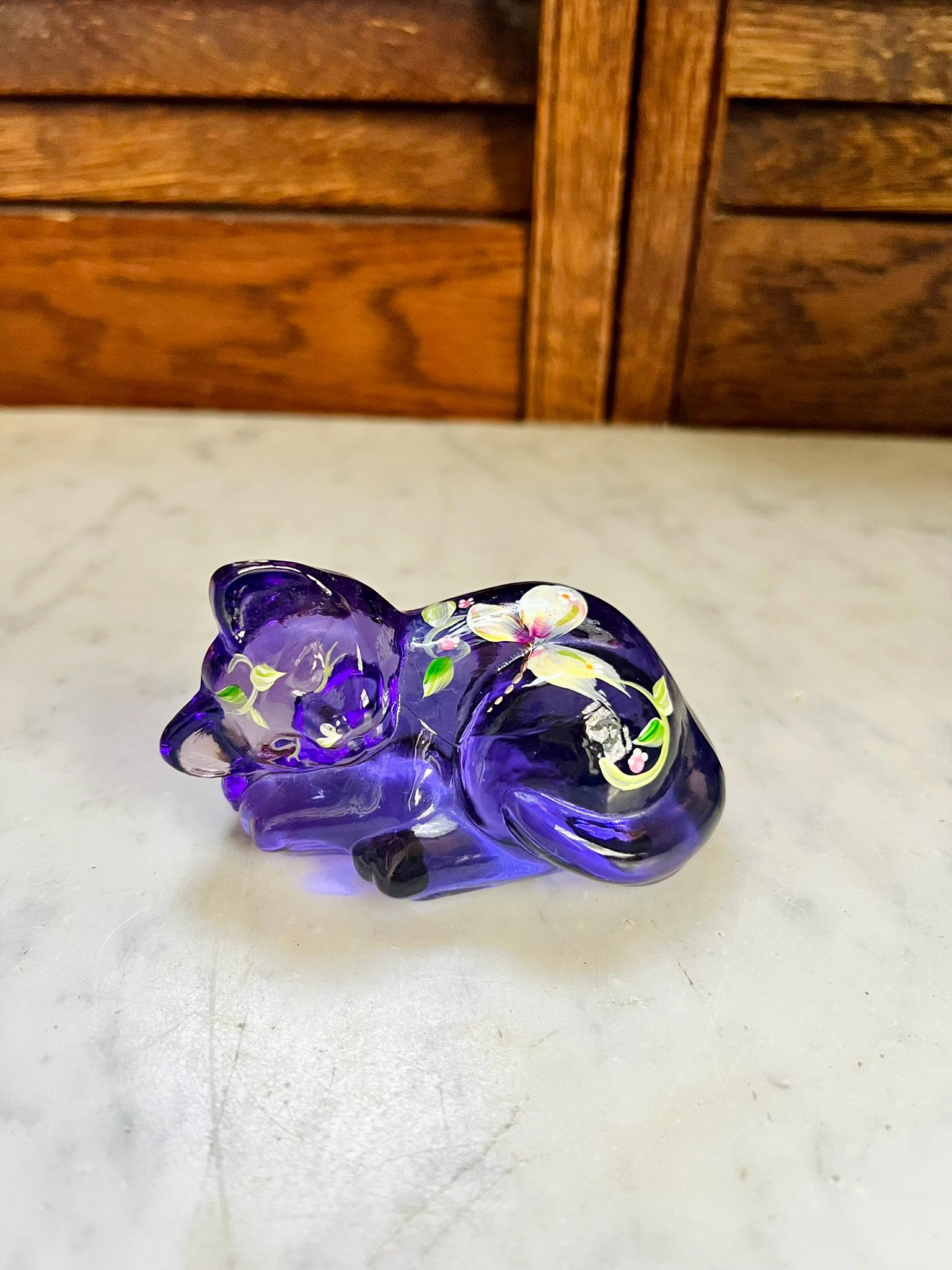 Fenton Amethyst Purple Sleeping Kitten Hand Painted Floral by S ...